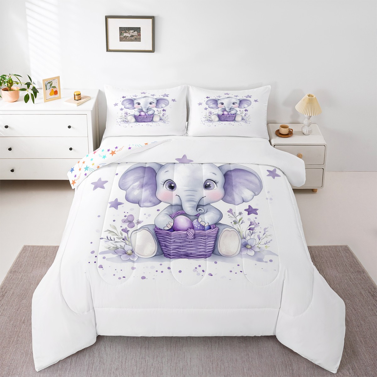 Feelyou Purple Elephant Queen Comforter Set for Kids, Dreamy Cartoon ...