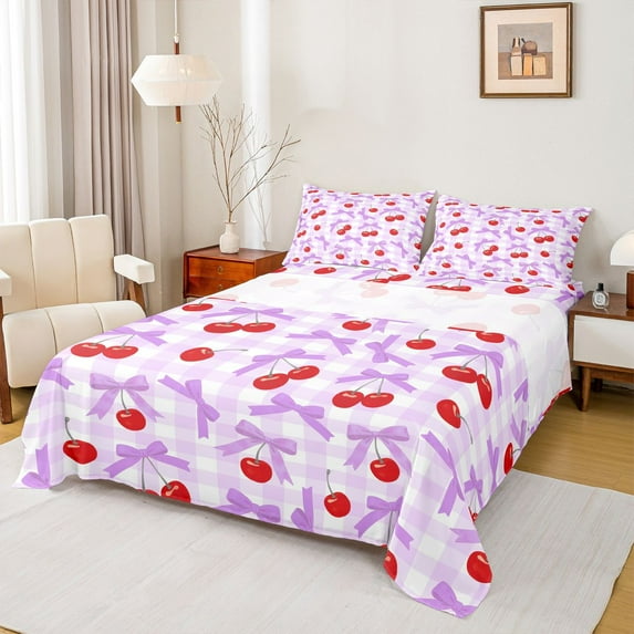 Feelyou Purple Princess Bow Queen Sheet Sets, Kawaii Buffalo Plaid Bed ...