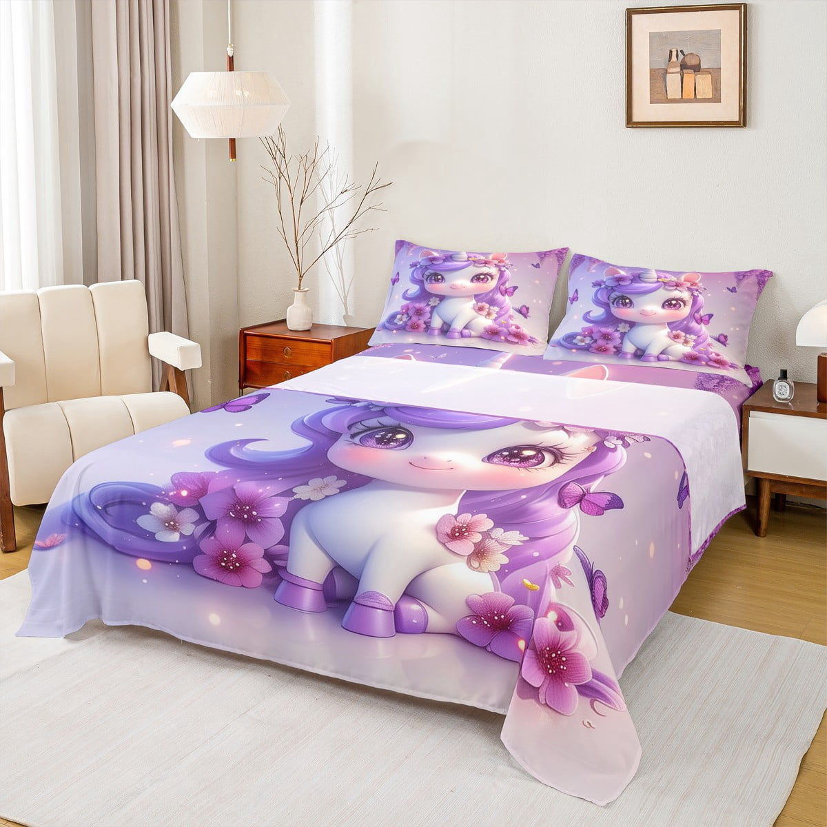 Feelyou Purple Unicorn Twin Sheet Sets for Kids, Dreamy Flower Floral ...