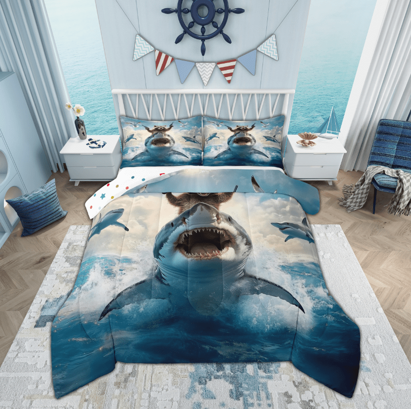 Feelyou Raccoon Riding Shark Bedding Comforter Set, Kawaii Sealife ...