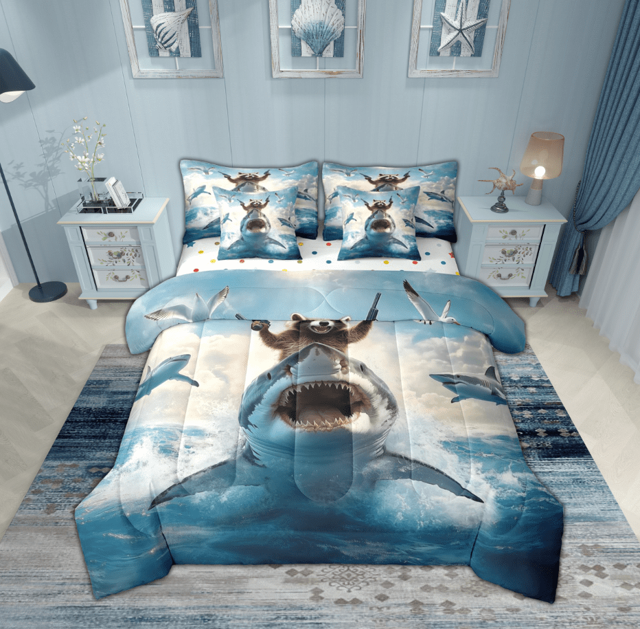 Feelyou Raccoon Riding Shark Twin Bedding Sets 7-Piece, Kawaii Sealife ...