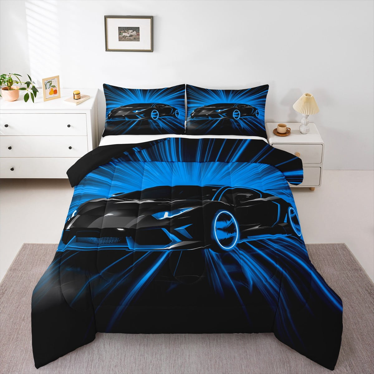 Feelyou Racing Car Boys Bedding Comforter Set, Black Blue Automobile ...