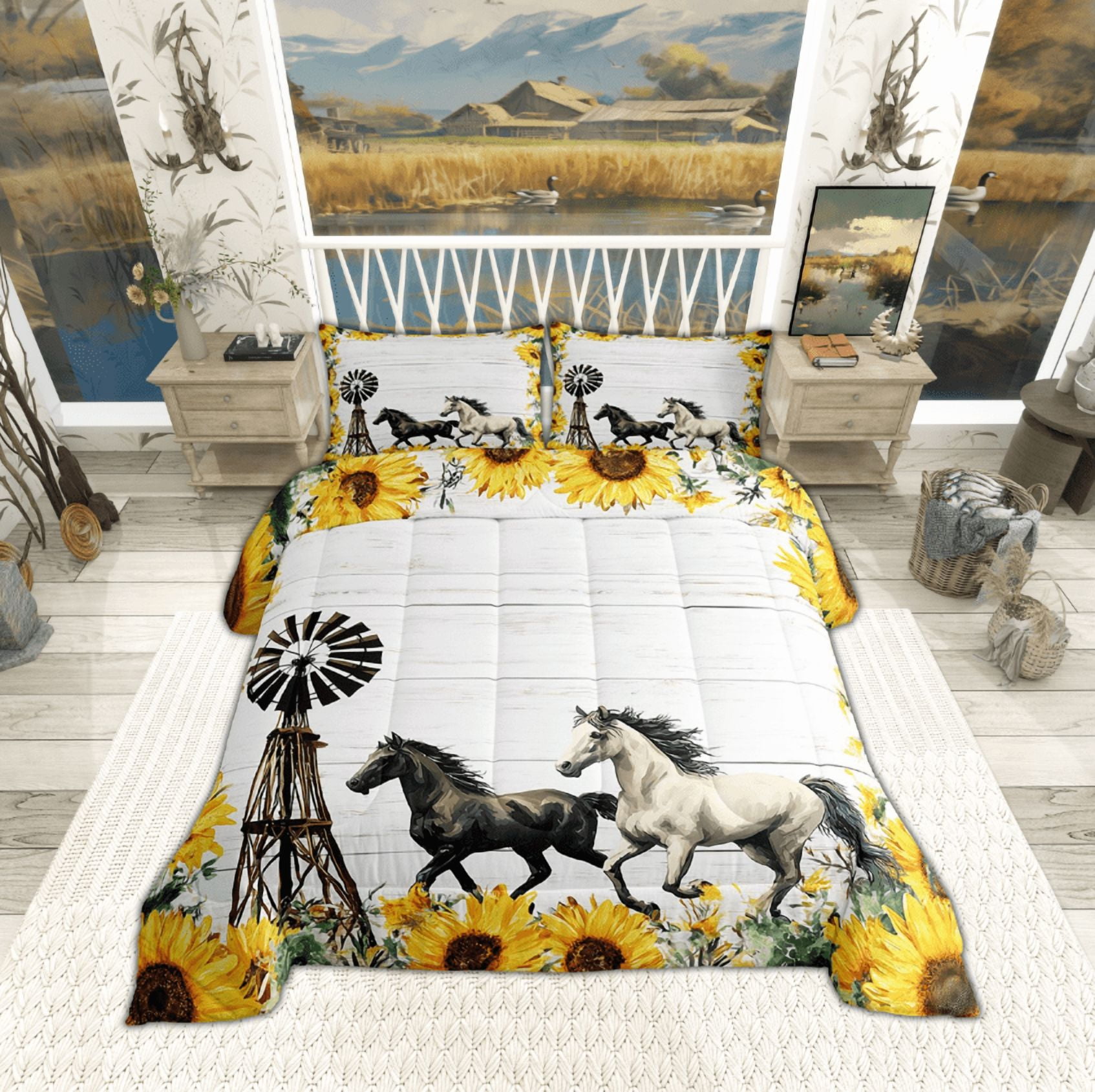 Feelyou Racing Horse King Size Comforter Sets, Vibrant Rustic Sunflower ...