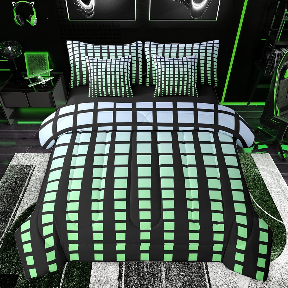 Feelyou Rectangle Abstract Men Bedding Comforter Set 7pcs, Black Green ...