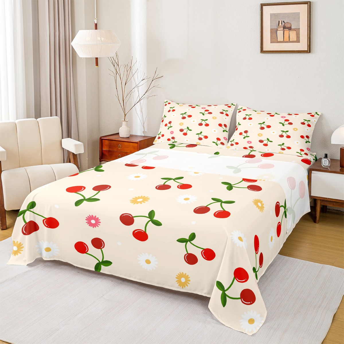 Feelyou Red Cherry Fruit Bed Sheets, Rustic Farmhouse Flower King ...