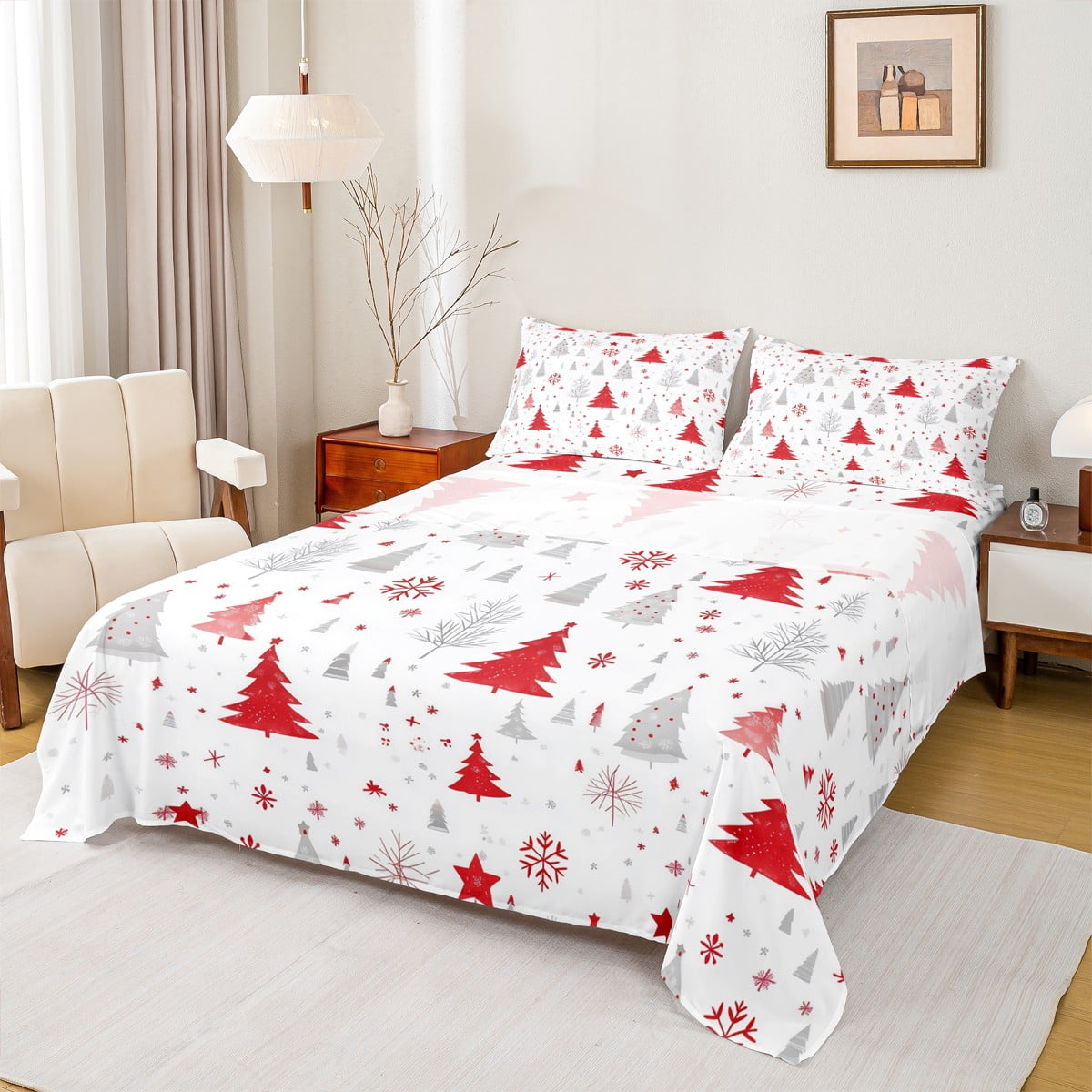 Feelyou Red Christmas Tree Bed Sheets, Winter Snowflake King Sheets ...