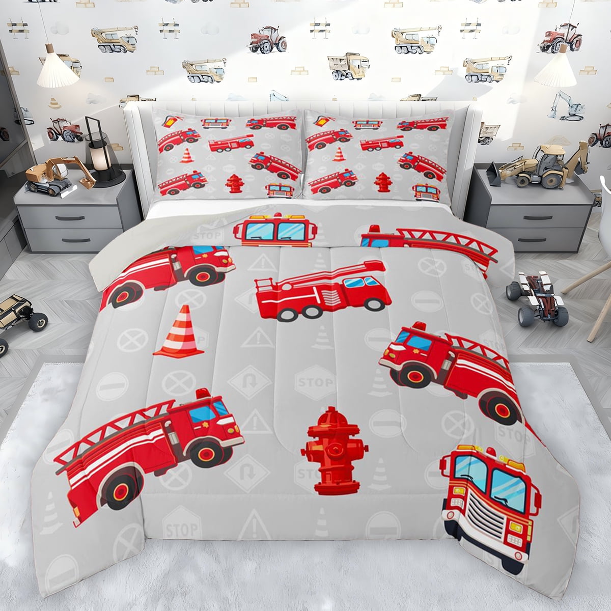 Feelyou Red Fire Fighter Queen Comforter Set for Teen, Cartoon Truck ...