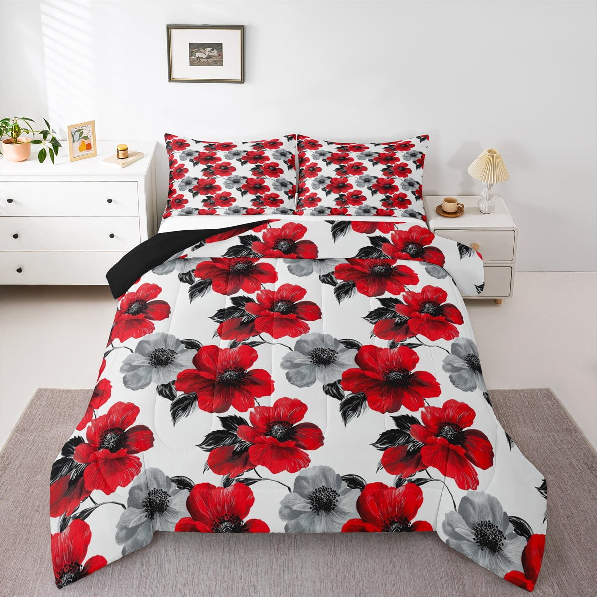 Feelyou Red Grey Flower Queen Comforter Set for Adult, Vintage Fashion ...