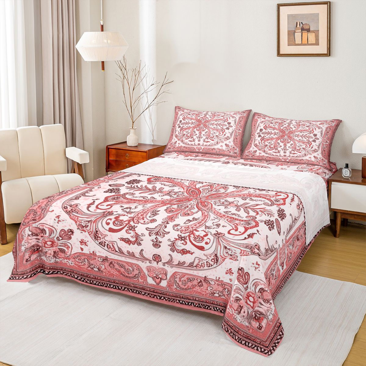 Feelyou Red Hippie Damask Full Size Sheets for Women, Retro Boho ...