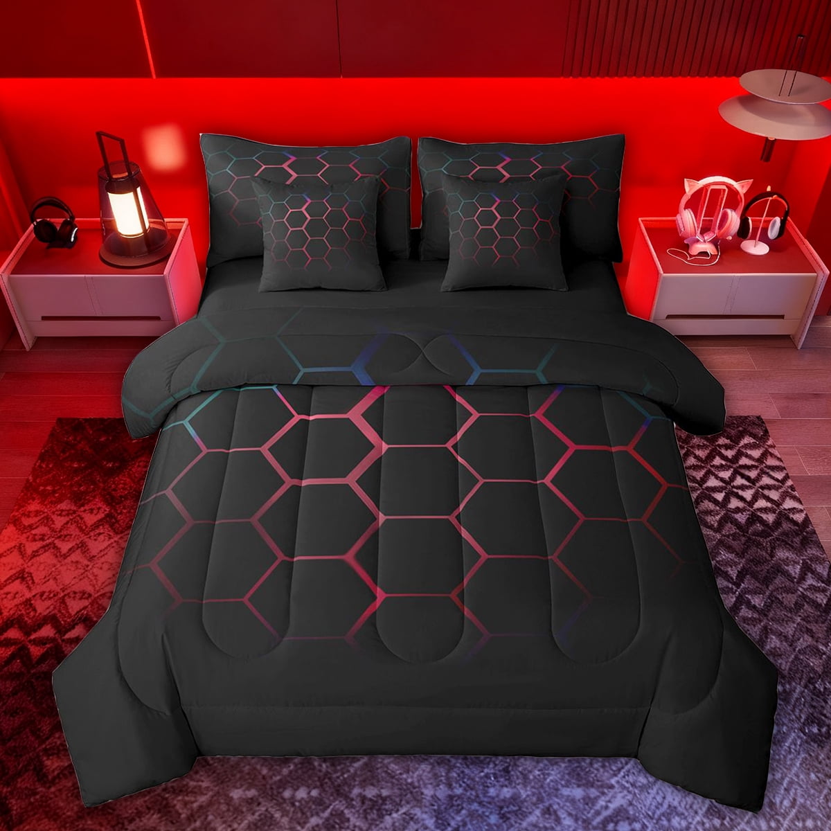 Feelyou Red Honeycomb Bedding Comforter Set 7pcs, Abstract Lines Ombre ...