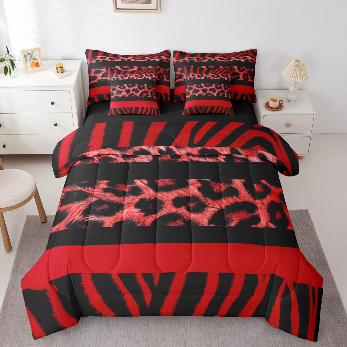 Feelyou Red Leopard Cheetah Print Comforter Set 7pcs, Abstract Lines ...