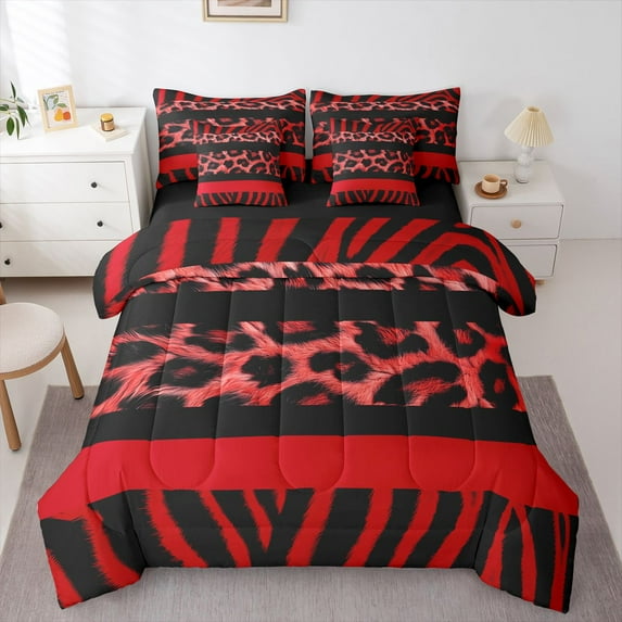 Feelyou Red Leopard Cheetah Print Comforter Set 7pcs, Abstract Lines ...