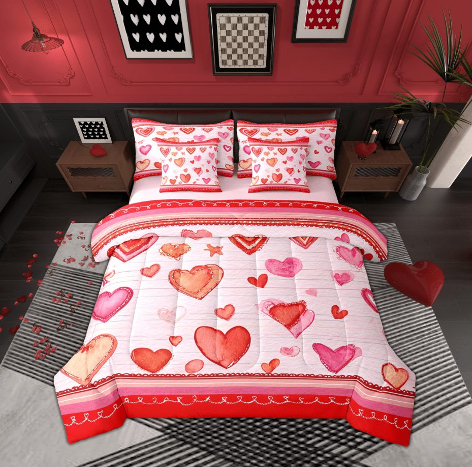 Feelyou Red Love Heart Bedding Comforter Set 7 Pieces, Cartoon ...
