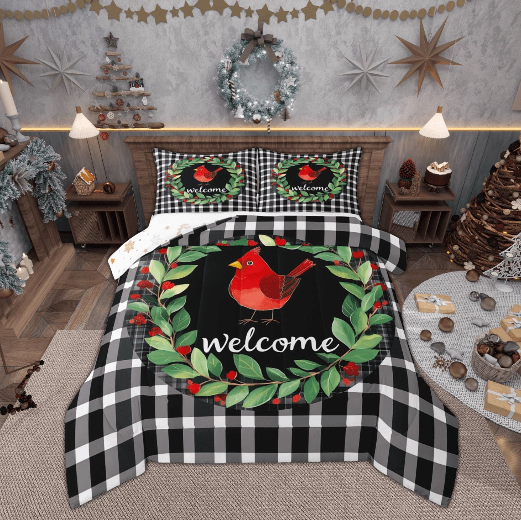 Feelyou Red Robin Bird King Size Comforter Sets, Black White Buffalo ...