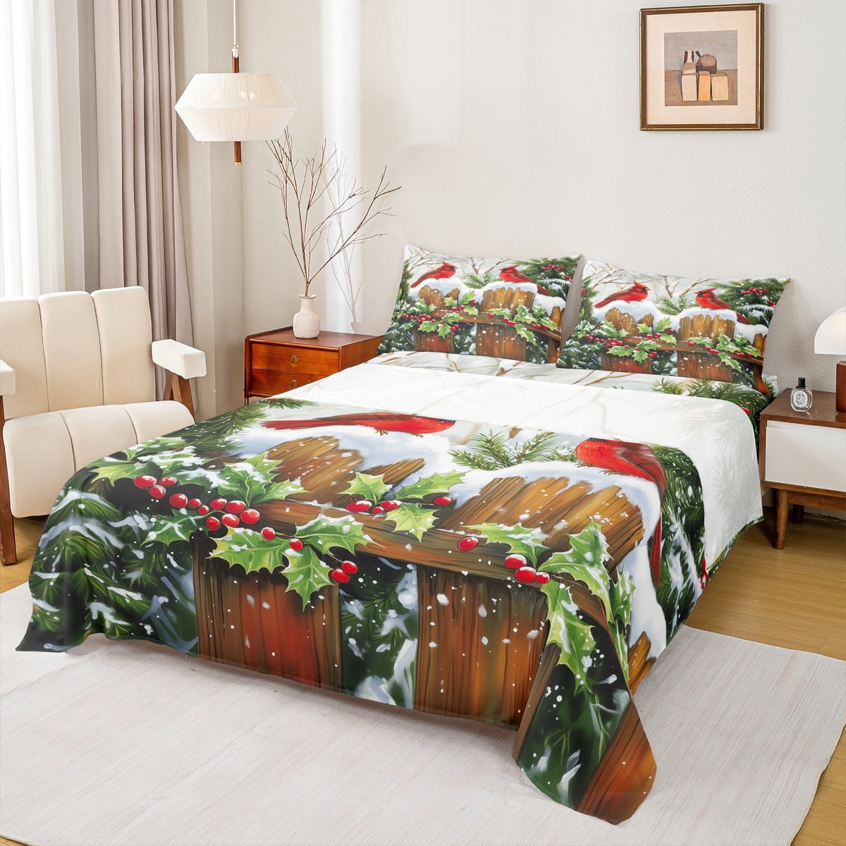 Feelyou Red Robin Full Size Sheets, Christmas Snowflake Bed Sheets ...