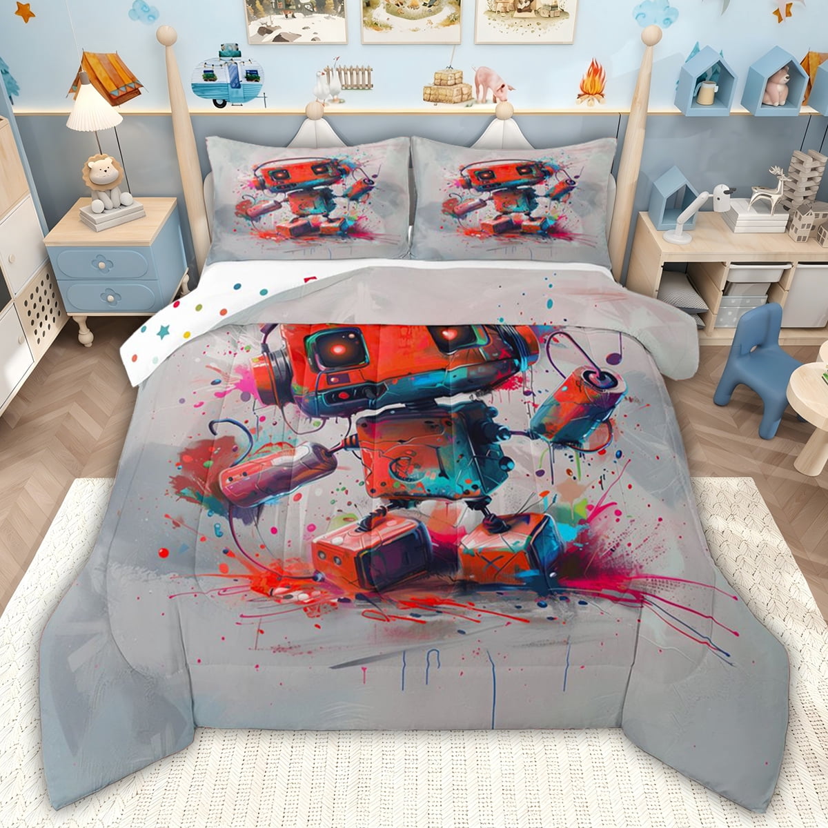 Feelyou Red Robot Teens Full Size Comforter Sets, Splatter Watercolor ...