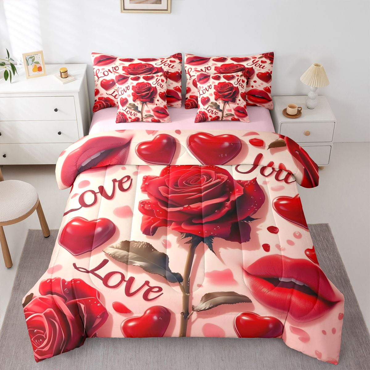 Feelyou Red Rose Flower Bedding Comforter Set 7pcs, Romantic Love Heart ...