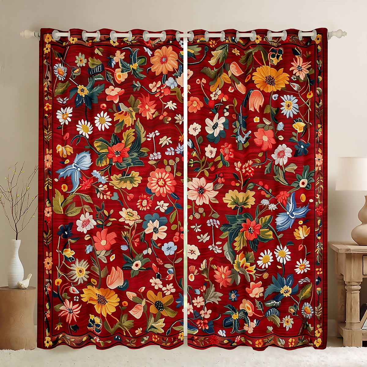 Feelyou Red Rustic Flower Blackout Curtains Set of 2 (52x84 Each ...