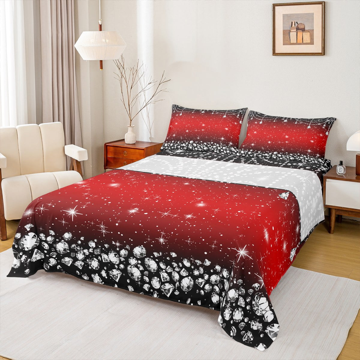 Feelyou Red Sequin Print Bed Sheets for Women, Glitter Diamond King ...