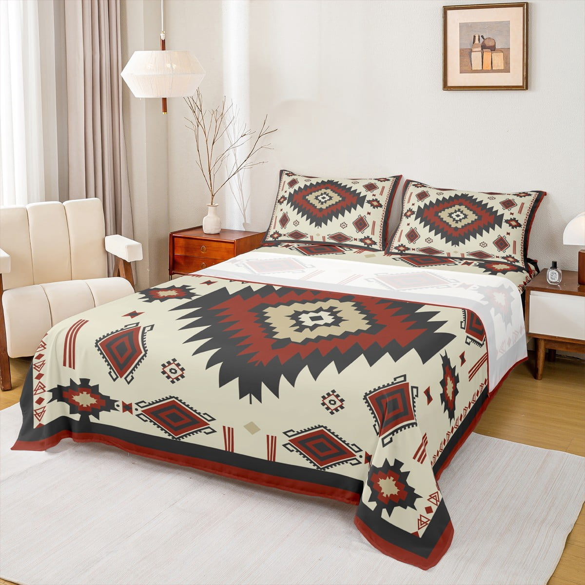 Feelyou Red Vintage Aztec Twin Sheet Sets, Bohemian Triangle Abstract ...
