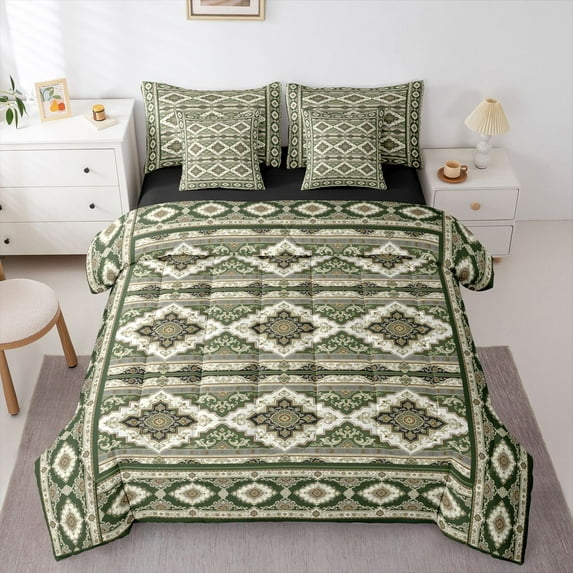 Feelyou Retro Aztec Bedding Comforter Set 7pcs, Green Triangle Abstract ...