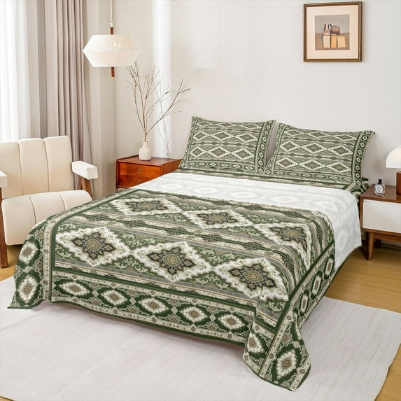 Feelyou Retro Aztec Queen Sheet Sets, Green Triangle Abstract Bed Set ...