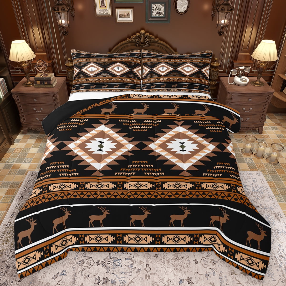 Feelyou Retro Hippie Aztec Queen Comforter Set for Men, Black Brown ...