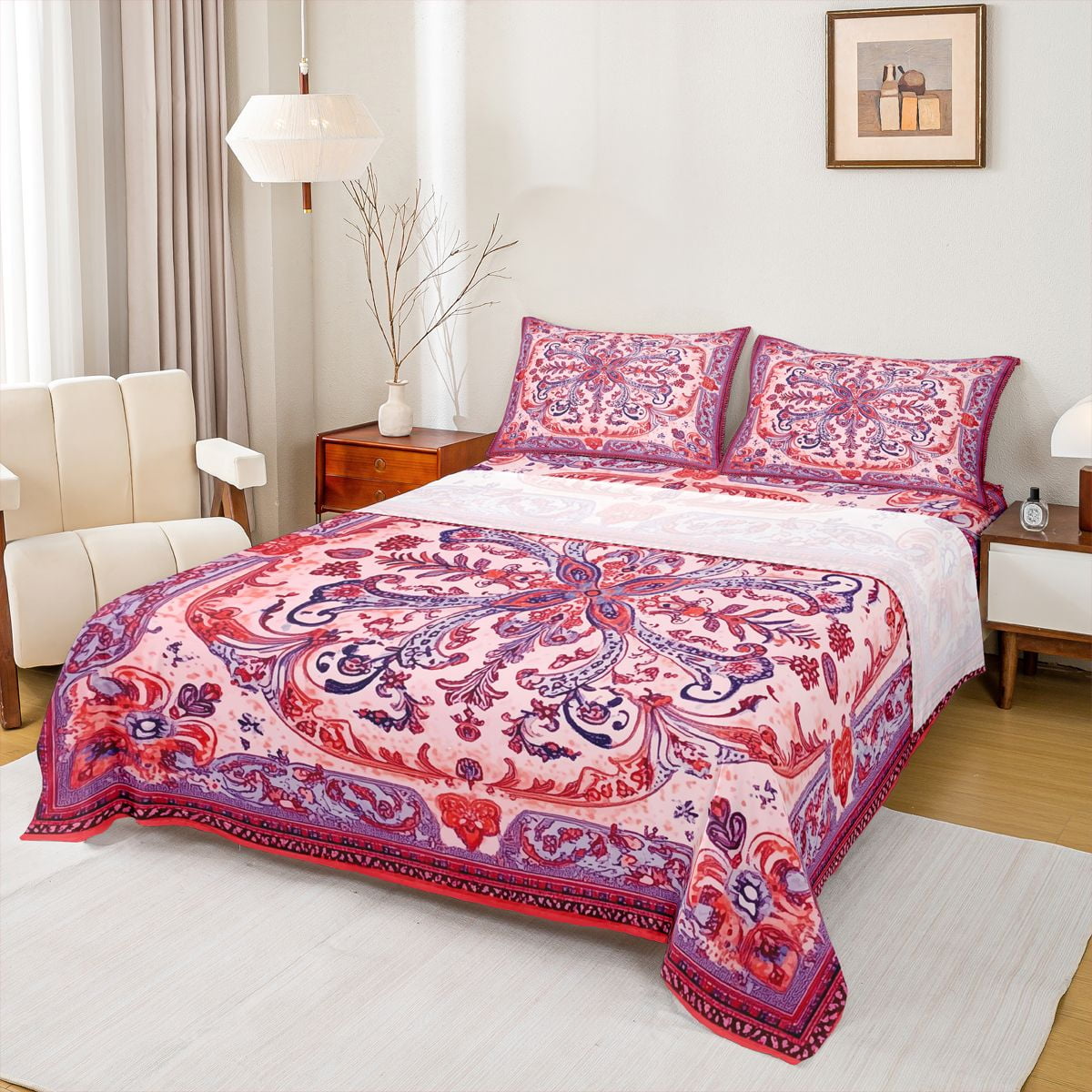 Feelyou Retro Hippie Damask Full Size Sheets for Women, Red Purple Boho ...