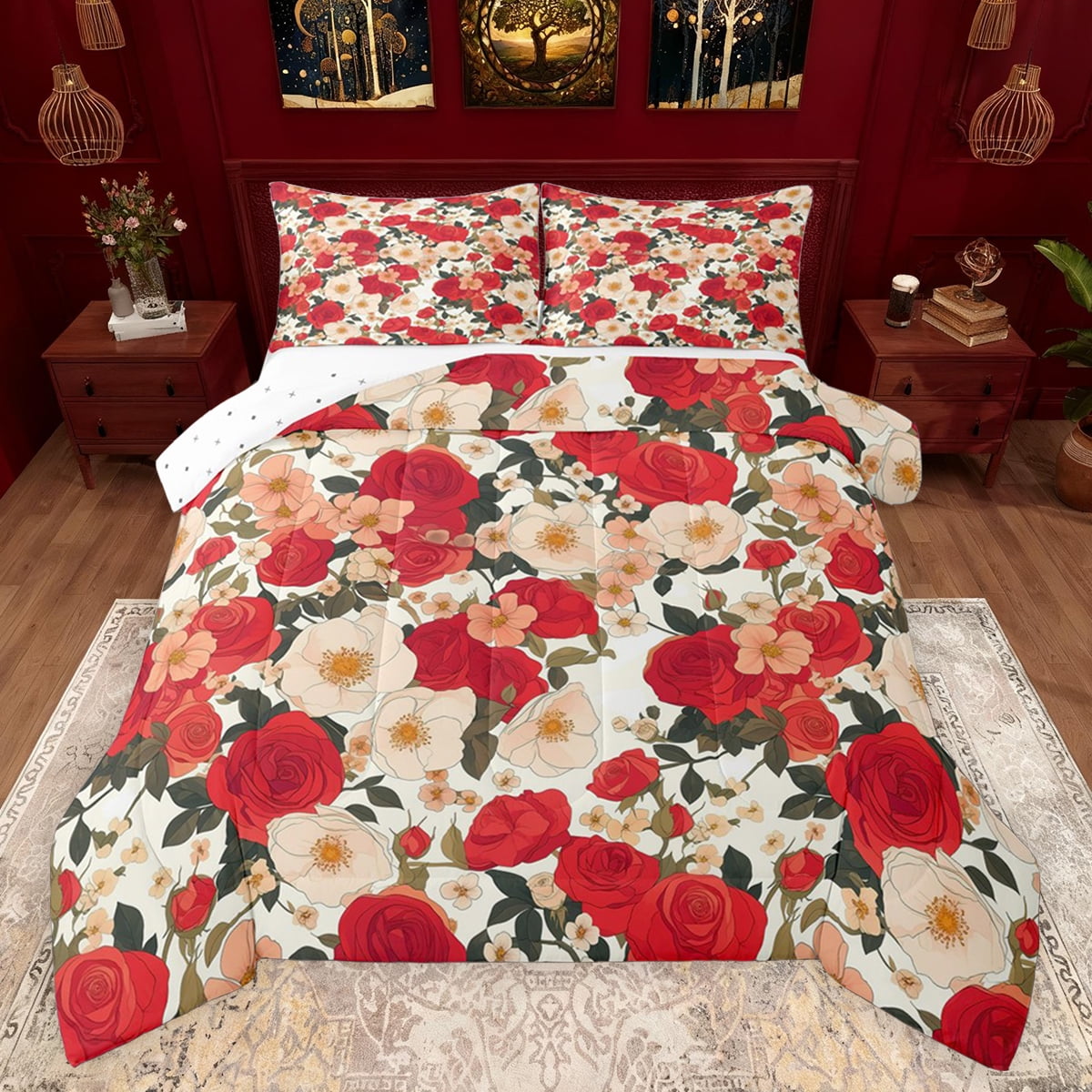 Feelyou Retro Romantic Rose Queen Comforter Set, Spring Red Flower ...
