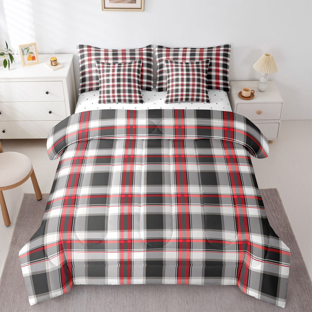 Feelyou Retro Square Plaid Comforter Set 7pcs, Grey Red Lines Buffalo ...
