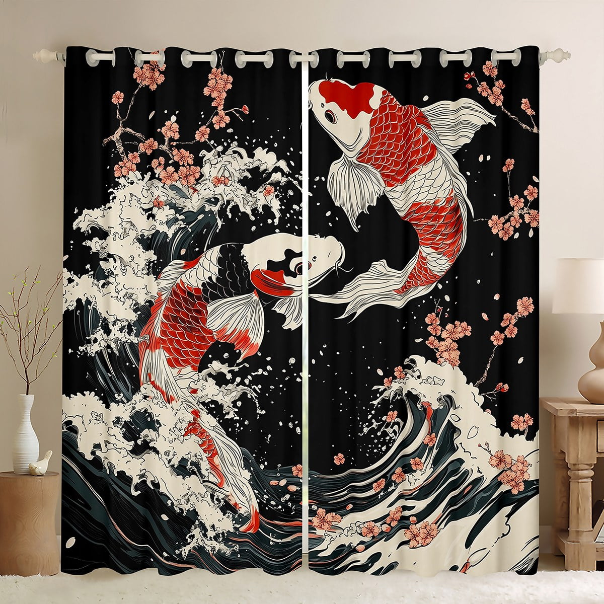 Feelyou Retro Ukiyoe Blackout Curtains Set of 2 (38x54 Each), Japanese Traditional Art Curtains ...