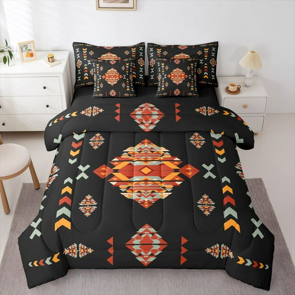 Feelyou Retro Western Aztec Comforter Set 7pcs, Black Orange Triangle ...