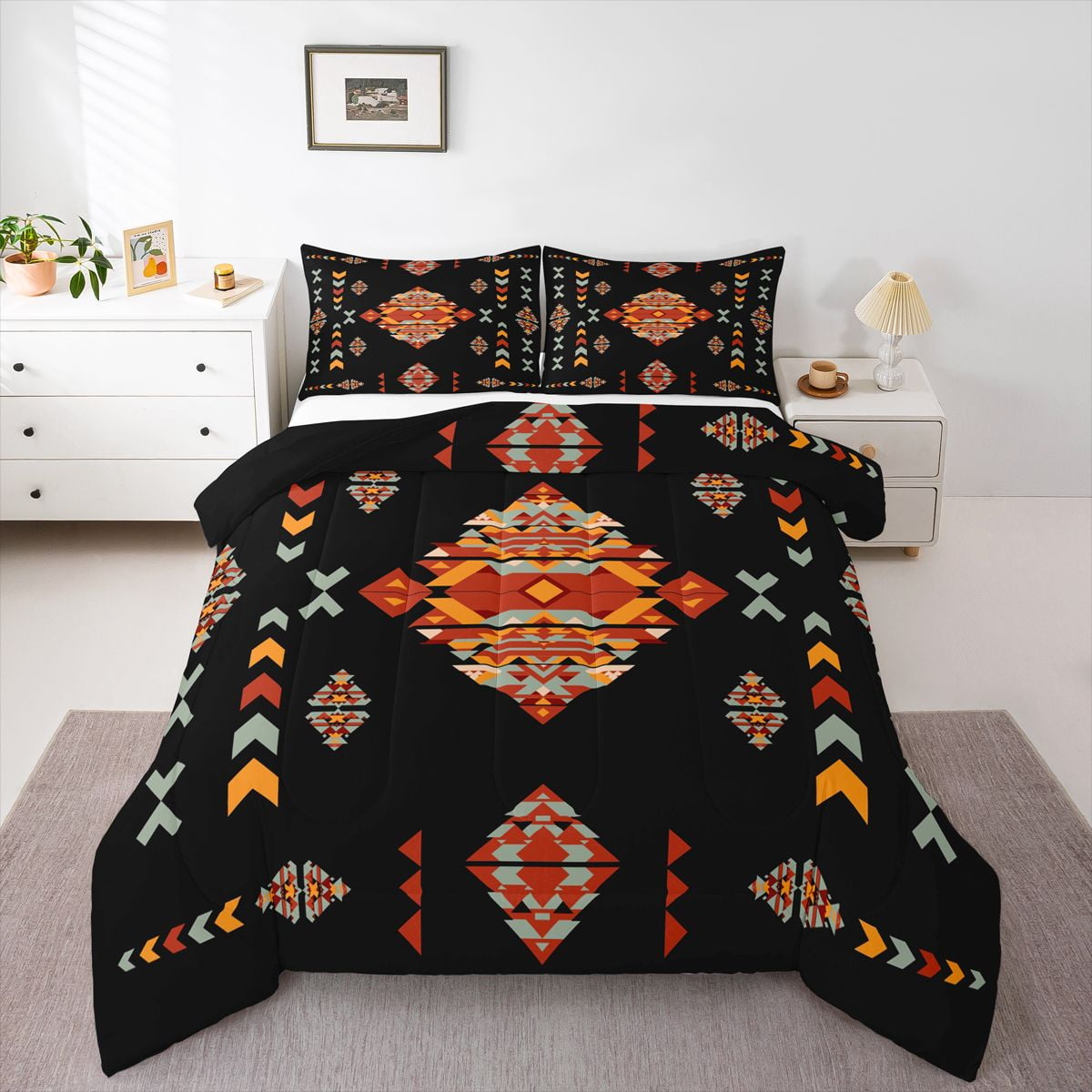 Feelyou Retro Western Aztec Queen Comforter Set, Black Orange Triangle ...