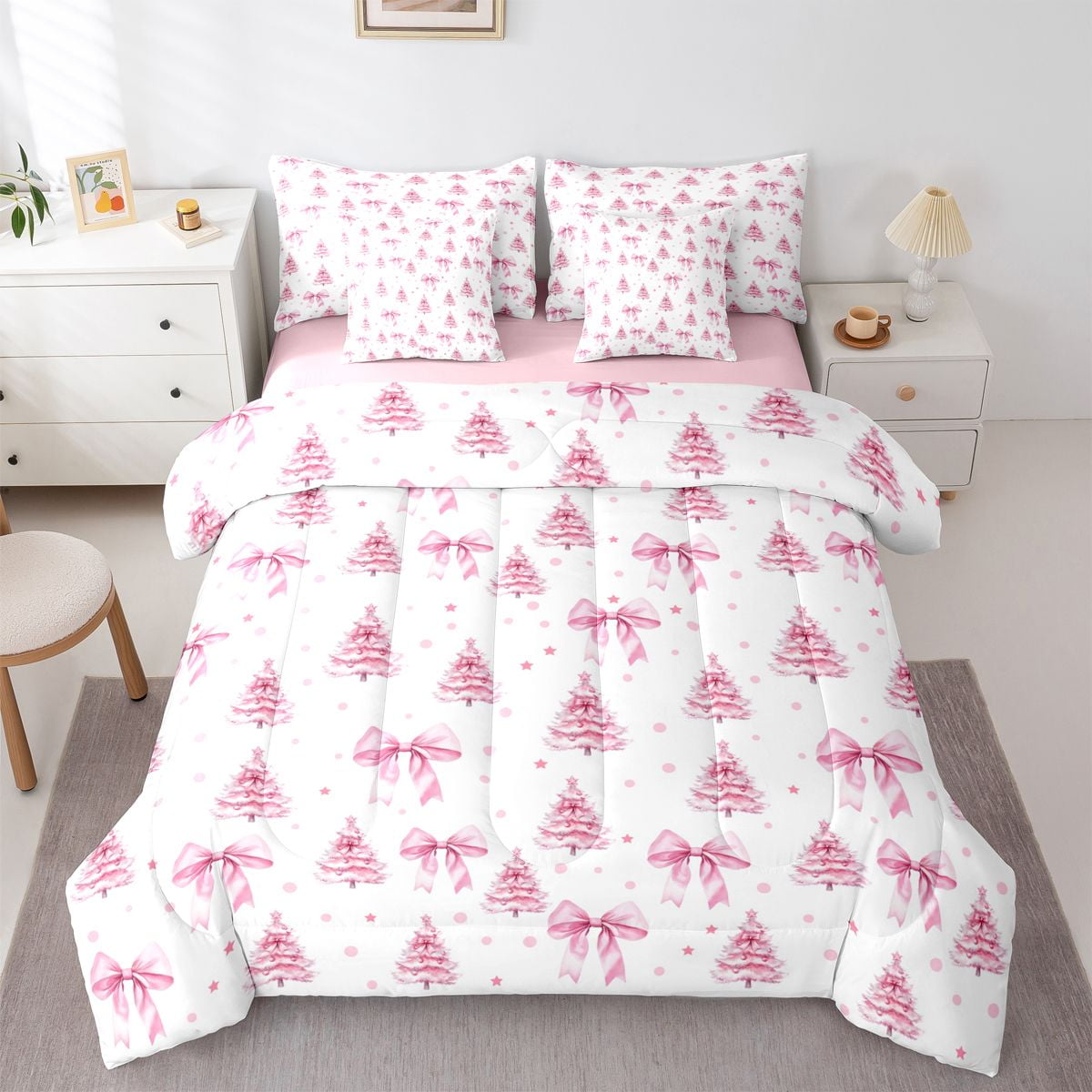 Feelyou Ribbon Bowknot Bedding Comforter Set 7pcs, Pink Xmas Tree Stars ...