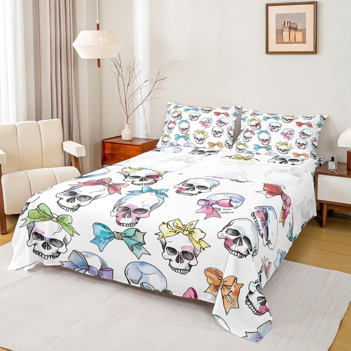 Feelyou Ribbon Skeleton Full Size Sheets, Sugar Skull Halloween Bed ...