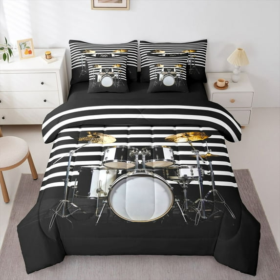 Feelyou Rock and Roll Drum Comforter Set 7pcs, Black White Stripes Full ...
