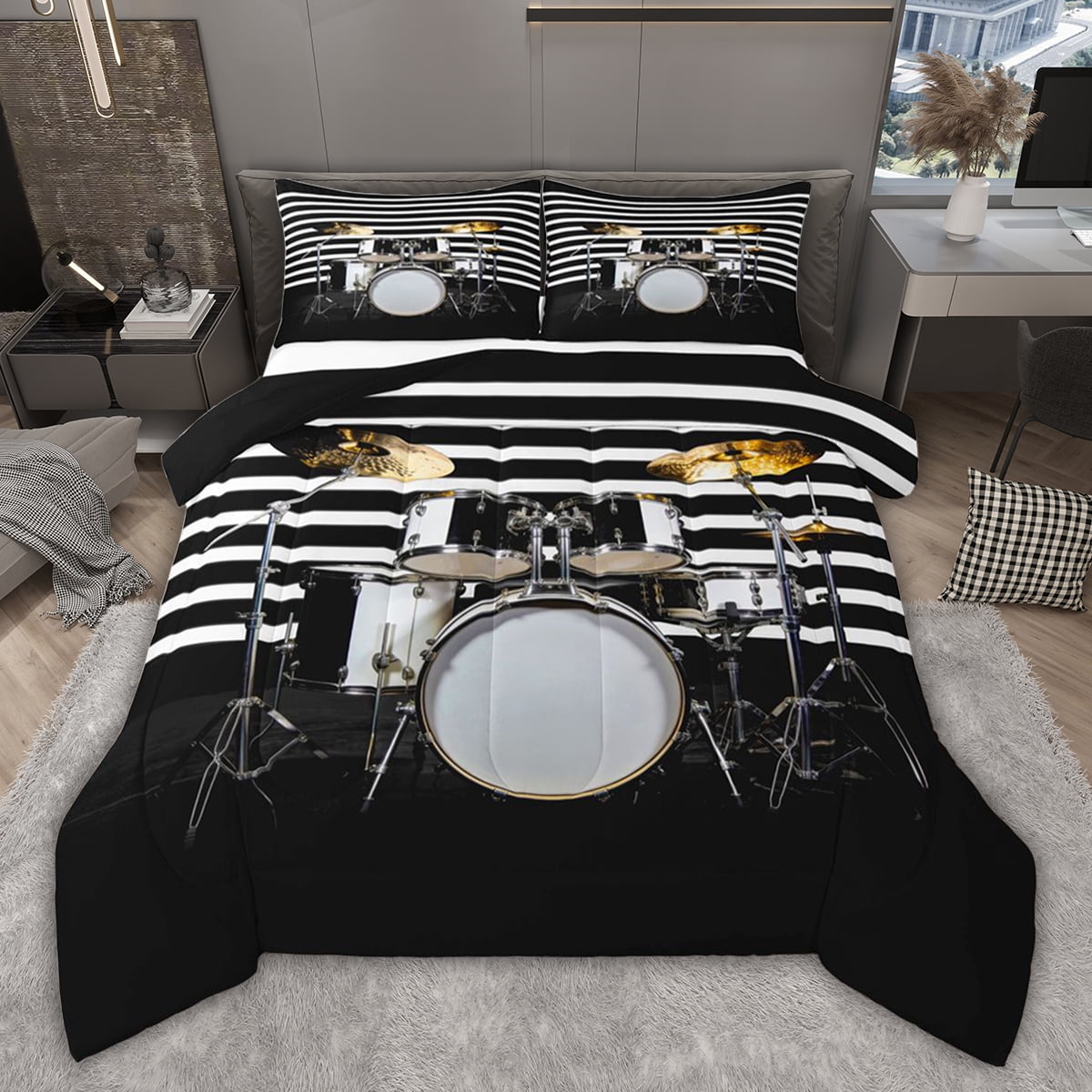 Feelyou Rock and Roll Drum Queen Comforter Set, Black White Stripes ...