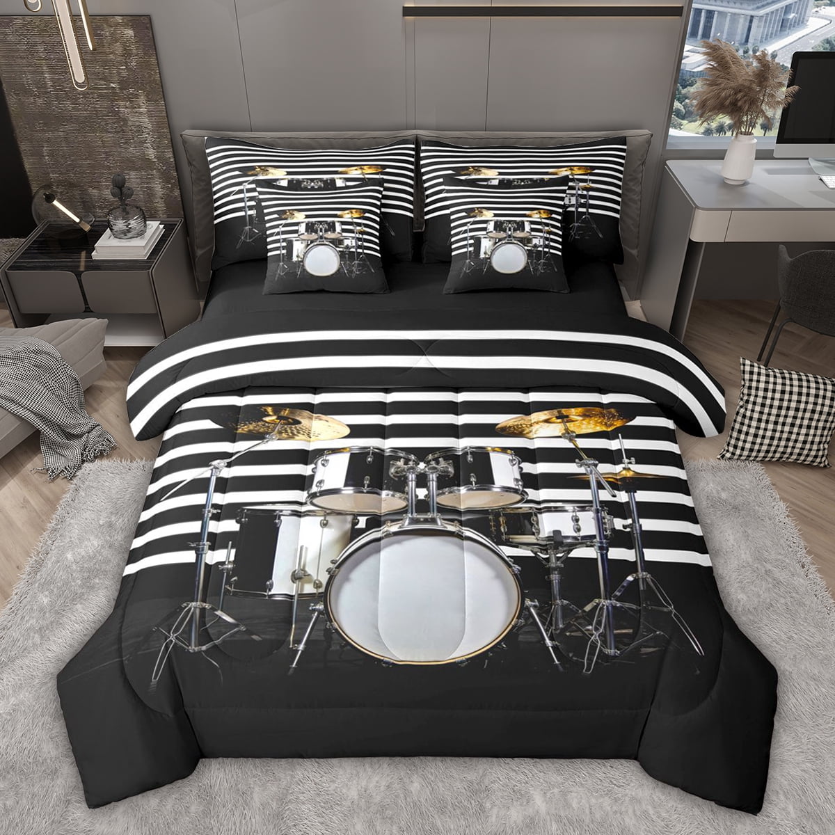 Feelyou Rock and Roll Drum Twin Bedding Sets 7pcs, Black White Stripes ...