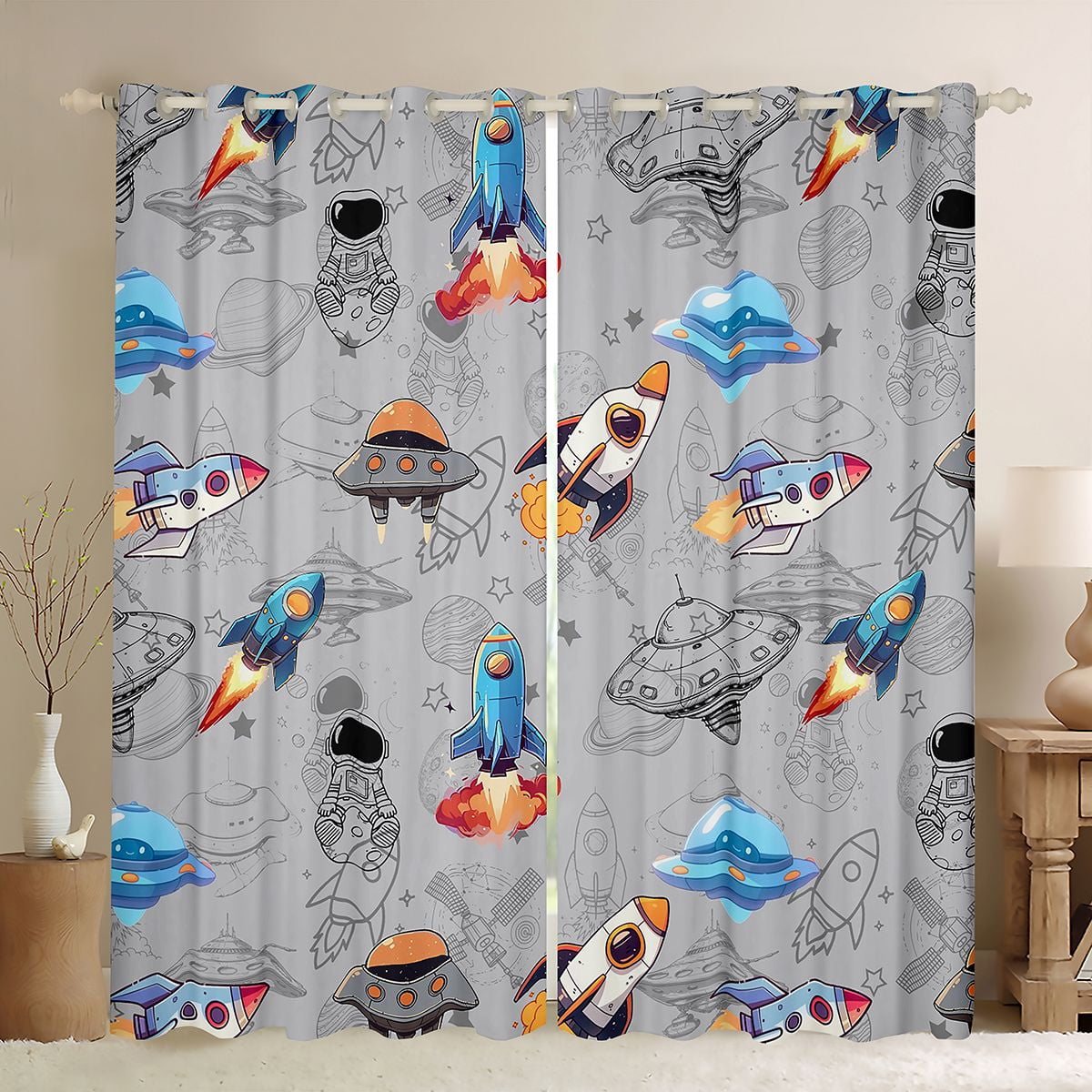 Feelyou Rocket Boys Black Out Curtains, Spaceship Planet Curtains Pack ...