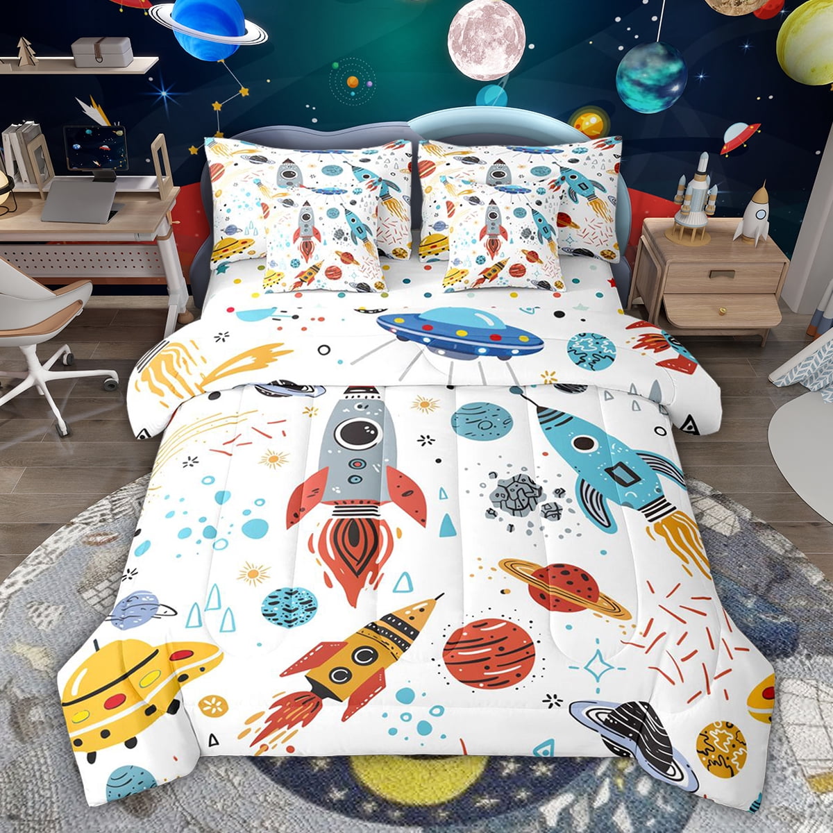 Feelyou Rocket Planet Boy Bedding Comforter Set 7pcs, Cartoon Spaceship ...