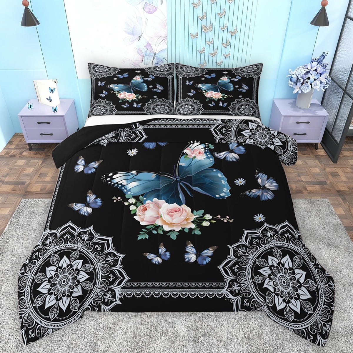 Feelyou Romantic Blue Butterfly Full Size Comforter Sets, Rustic Rose ...