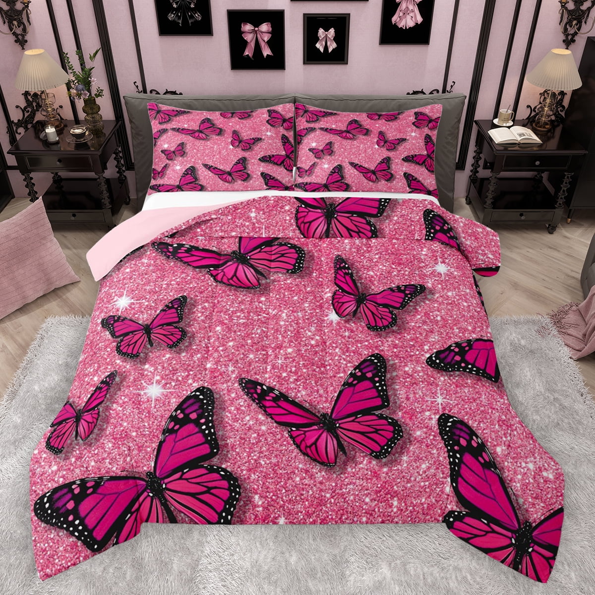 Feelyou Romantic Butterfly Animal Bedding Comforter Set, Pink Bling ...