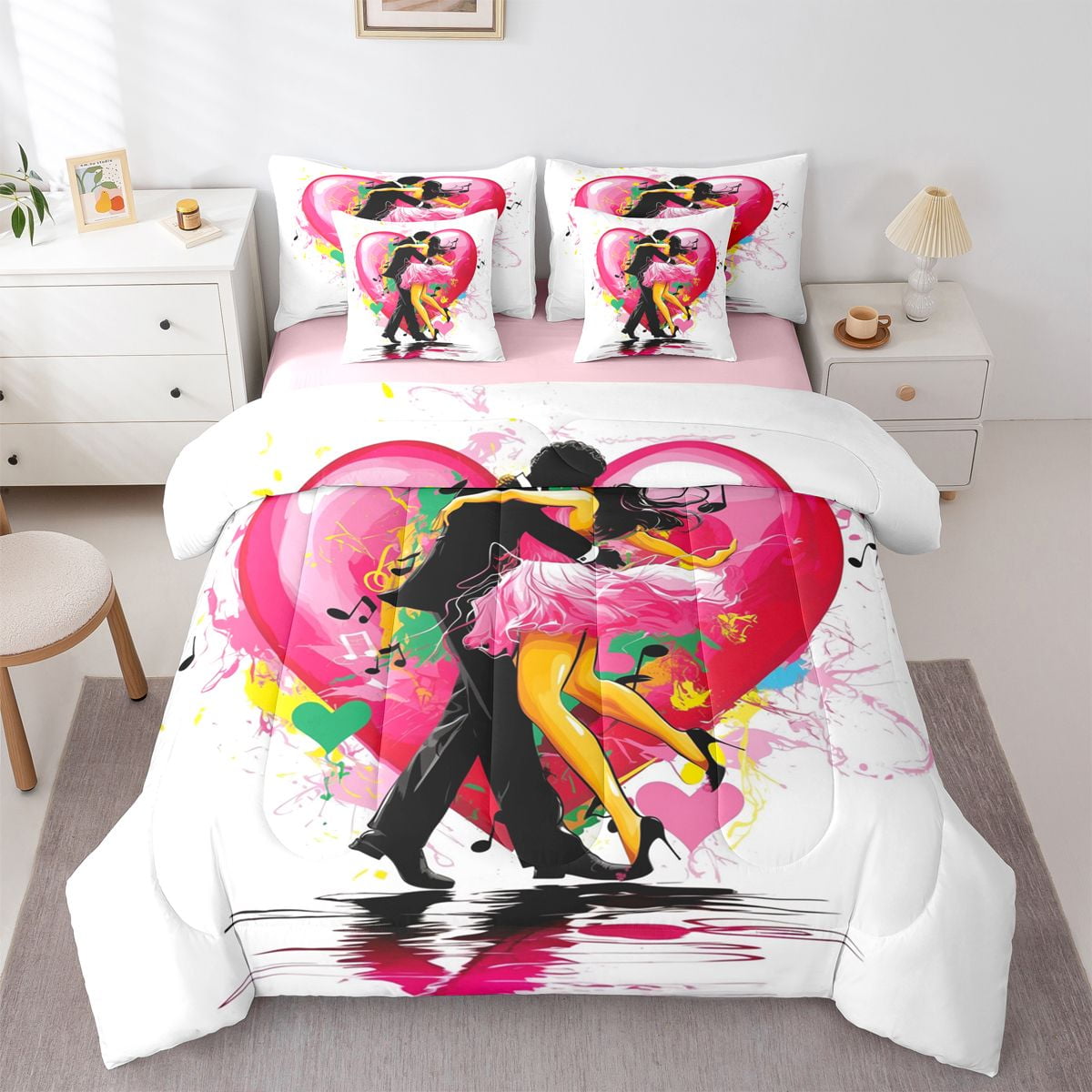 Feelyou Romantic Cartoon Couple Bedding Comforter Set 7pcs, Kawaii Pink ...