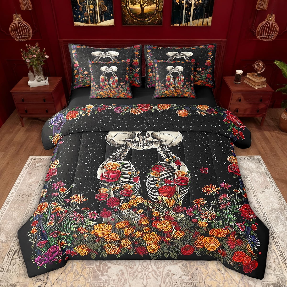 Feelyou Romantic Couple Skeleton Bedding Comforter Set 7pcs, Mandala ...