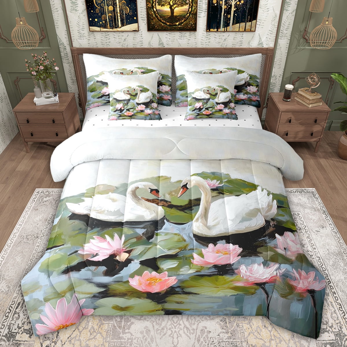 Feelyou Romantic Couple Swan Bedding Comforter Set 7pcs, Lake Lotus ...