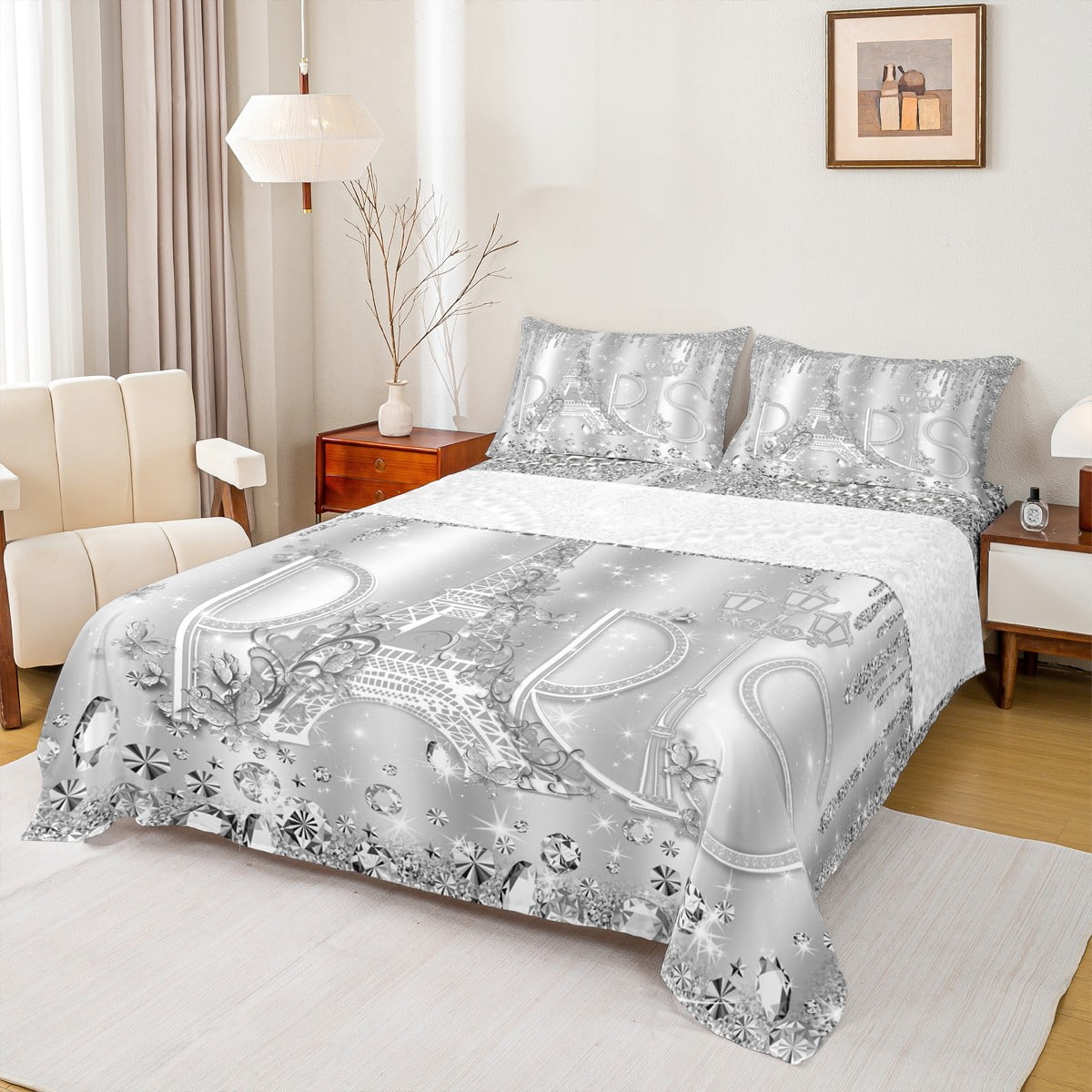 Feelyou Romantic Eiffel Tower Bed Sheets for Teen, Grey Sequin Print ...