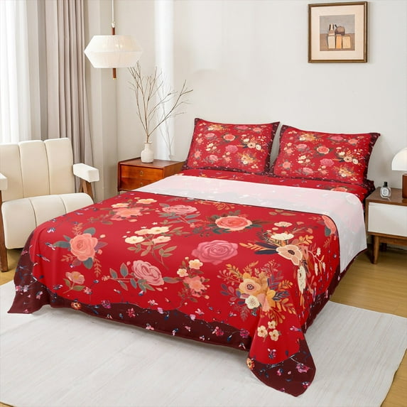 Feelyou Romantic Red Rose Bed Sheets for Girl, Spring Flower Botanical ...