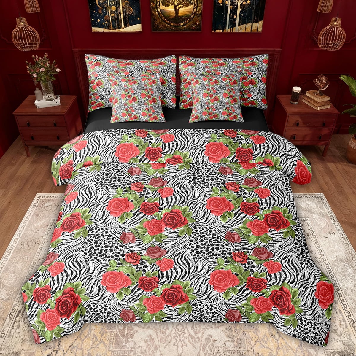 Feelyou Romantic Red Rose Bedding Comforter Set 7pcs for Girl, Fashion ...