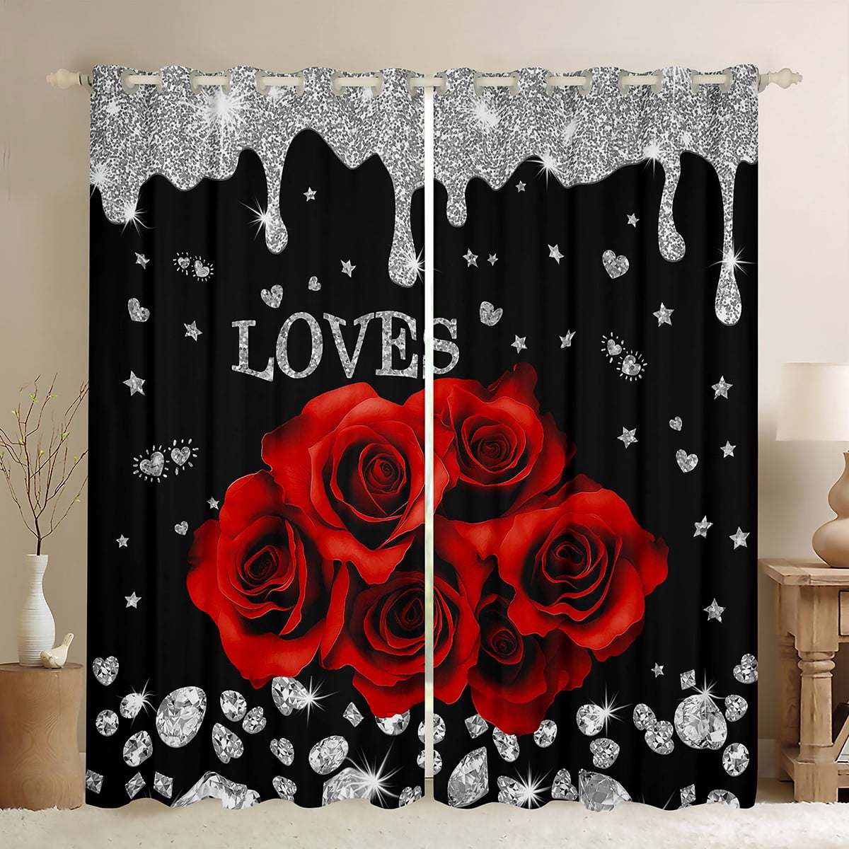 Feelyou Romantic Red Rose Curtains Pack of 2 (42x84 Each), Dreamy ...