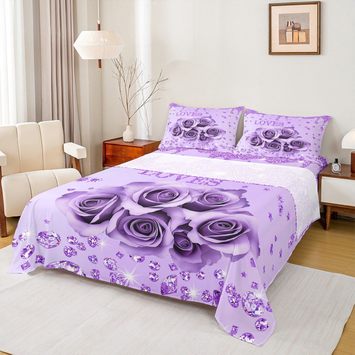 Feelyou Romantic Rose Flower Bed Sheets, Dreamy Sequin Print Purple ...